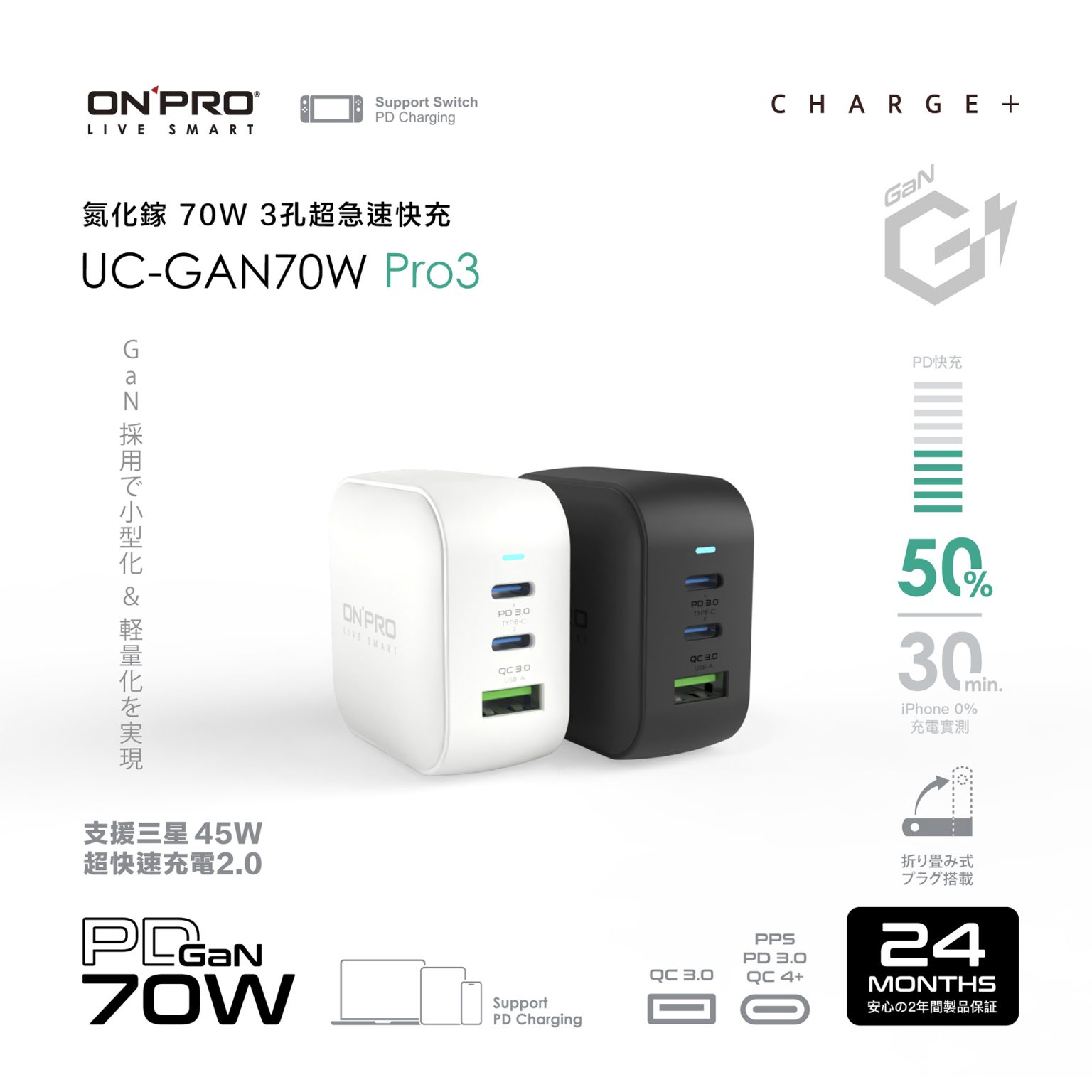 UC-GAN70W Pro3 PD70W 氮化鎵GaN超急速快充 | ONPRO ELECTRONICS